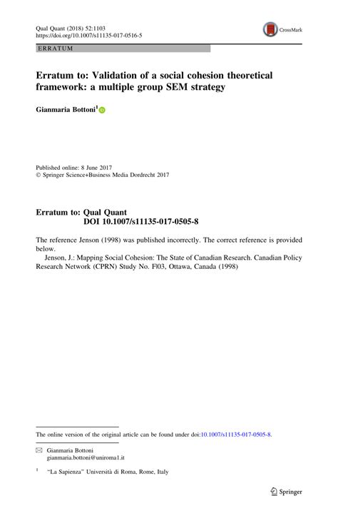 Pdf Erratum To Validation Of A Social Cohesion Theoretical Framework A Multiple Group Sem