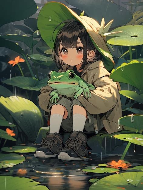 Chica Anime Sentada En Una Roca Bajo La Lluvia Con Un Ai Generativo De Rana Foto Premium