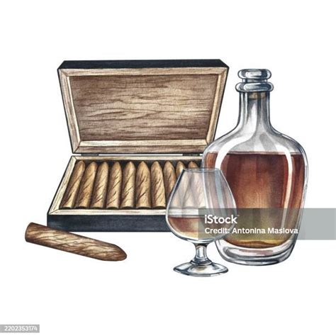 한 병 코냑 한 잔 값비싼 담배 수제 수채화 그림 빈티지 스타일의 컬러 이미지 배너 전단지 및 패키지 레이블 초대장 포스터 등 0명에 대한 스톡 벡터 아트 및 기타 이미지