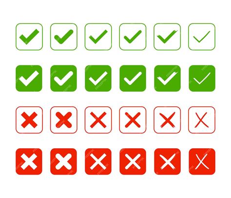 Зеленая галочка и значок красного креста установлены Премиум векторы