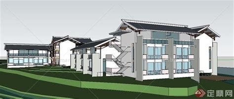 中式旅馆宾馆建筑设计su模型 原创 Sketchup模型库 毕马汇 Nbimer