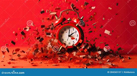 Exploding Alarm Clock On Red Background Concept Of Circadian Rhythms