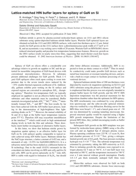 Pdf Lattice Matched Hfn Buffer Layers For Epitaxy Of Gan On Si