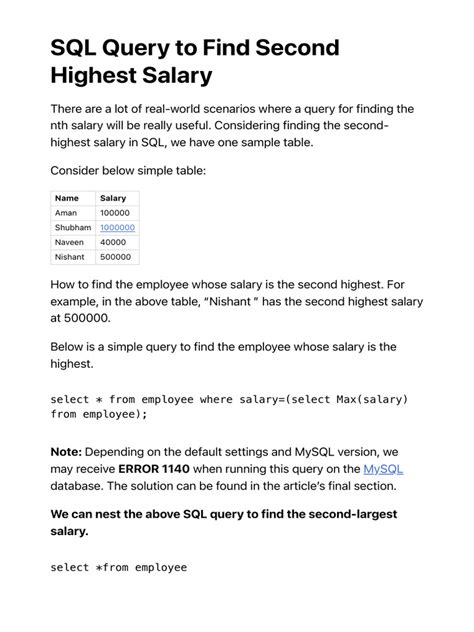 Sql Query To Find Second Highest Salary Geeksforgeeks Pdf Computing Computer Data