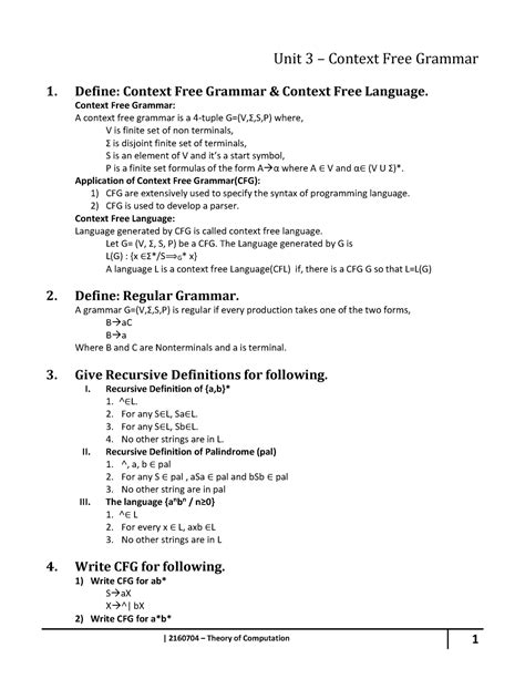 2160704 Theory Of Computation Notes PDF Units 3 1 Define Context Free Grammar Context Free
