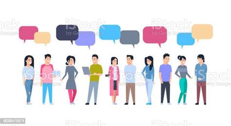 젊은 아시아 남녀 그룹 채팅 거품 중국 또는 일본 남성 및 여성 사람들 전체 길이 통신 개념 의사소통에 대한 스톡 벡터 아트 및 기타 이미지 Istock