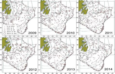 Spatial Distribution Of Catches Tow Of Exploitable Males 94 Mm Download Scientific