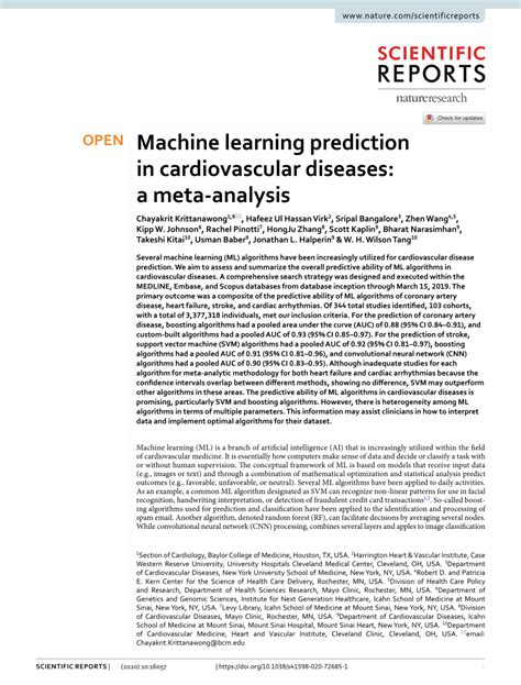 Pdf Machine Learning Prediction In Cardiovascular Diseases A Meta Analysis