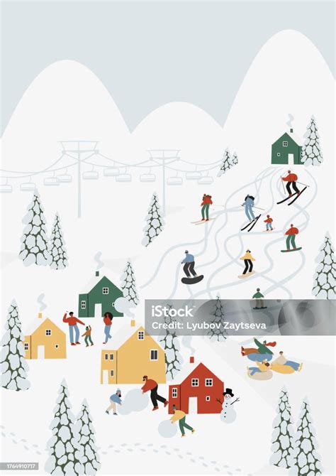 스키 스노우 보드 아이스 스케이팅 썰매 타기 겨울 활동 인쇄 카드 산악 리조트 장면 벽 아트 인쇄 플랫 스타일 벡터 일러스트 클립 아트와 겨울 시즌 포스터 눈 천사에 대한