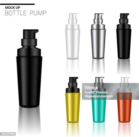 흰색 배경 그림에 검은 색 은색 빨간색 파란색 및 노란색 색상과 현실적인 펌프 병 화장품 세트 템플릿을 모의 0명에 대한 스톡 벡터 아트 및 기타 이미지 Istock