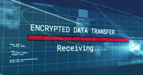 image of digital data processing over encrypted data transfer text on black background stock