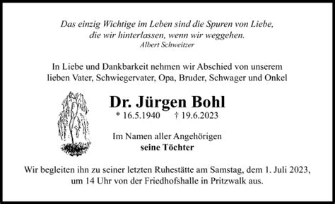 Traueranzeigen Von Jürgen Bohl Trauer Anzeigen De