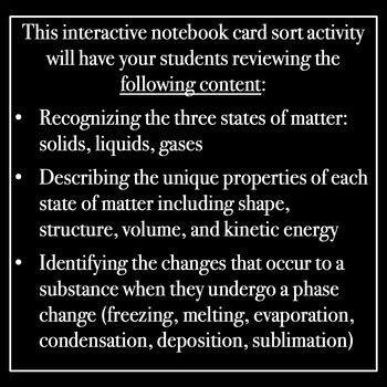 States Of Matter Card Sort Activity Science Interactive Notebook Activity