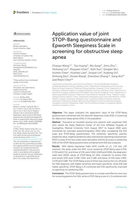 Pdf Application Value Of Joint Stop Bang Questionnaire And Epworth Sleepiness Scale In