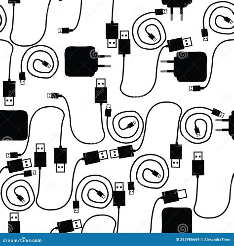 Seamless Pattern With Usb Type A And Type B Cable And Mobile Phone Charger Stock Vector