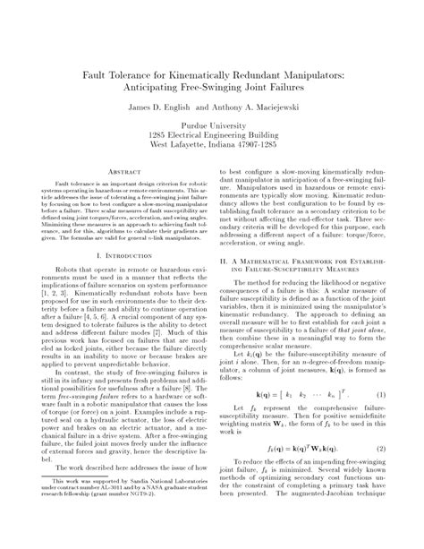 Pdf Fault Tolerance For Kinematically Redundant Manipulators