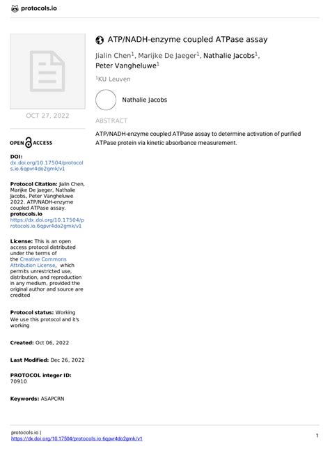 Pdf Atp Nadh Enzyme Coupled Atpase Assay V1