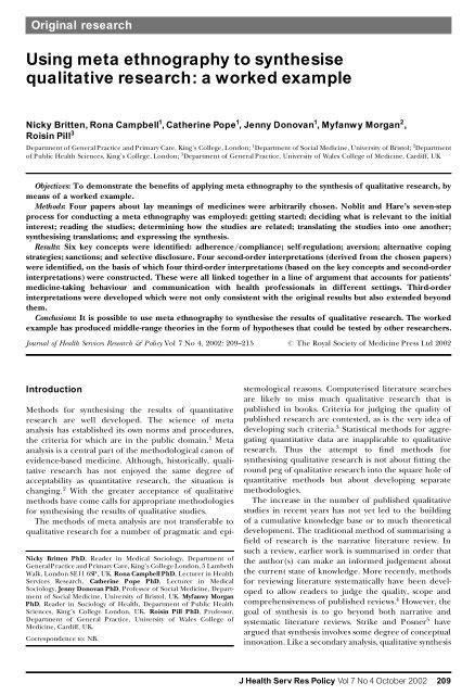 Using Meta Ethnography To Synthesise Qualitative Research A