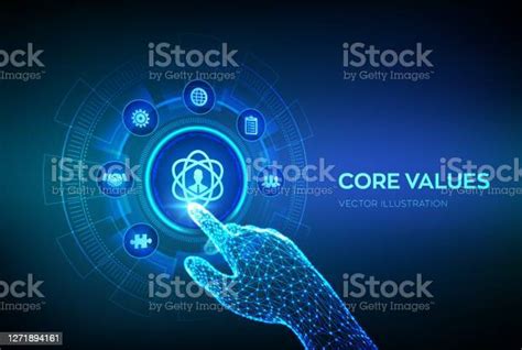 핵심 값입니다 가상 화면에서 책임 윤리 목표 회사 개념 핵심 값 인포그래픽 디지털 인터페이스를 터치 하는 로봇 손 벡터 그림입니다 신뢰에 대한 스톡 벡터 아트 및 기타