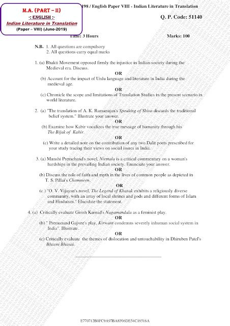 University Of Mumbai Ma Part Ii English Paper Viii Indian Literature In Translation Old