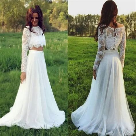 2017 Two Pieces Lace Wedding Dresses Plus Size Long Sleeves Summer