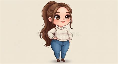 Standing Cartoon Woman Wearing Sweater And Jeans With Hands On Hips