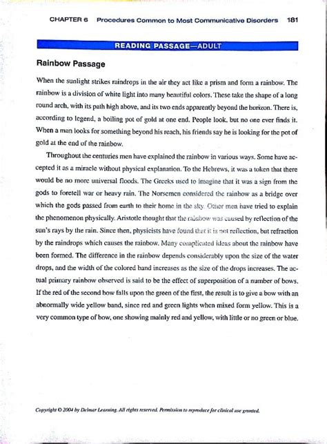 Rainbow Passage For Language Arts Adult Reading Comprehension Text