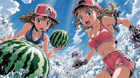 Two Anime Girls Playing With Watermelons On A Sunny Day Premium Ai