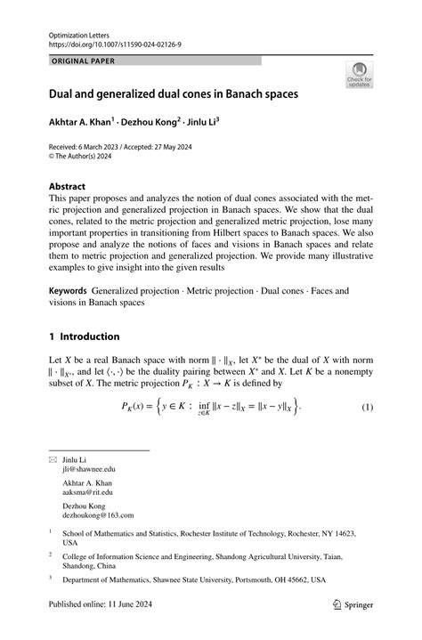 Pdf Dual And Generalized Dual Cones In Banach Spaces