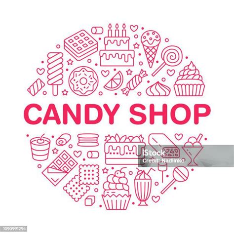 달콤한 음식 라운드 플랫 라인 아이콘으로 포스터 페이스 트리 벡터 일러스트 레이 션사탕 초콜릿 바 밀크 쿠키 생일 케이크 사탕이 게 제과 대 한 귀여운 원 브로셔 0명에