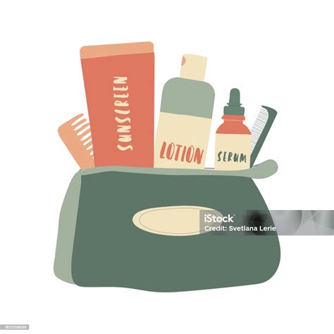 플랫 벡터 일러스트 레이 션 손으로 그린 세면 용품 가방 스킨 케어 제품 크림 병과 튜브 로션 디스펜서 헤어 브러시 세럼 롤러 상점 가정 장식 스티커 카드 전단지 등에