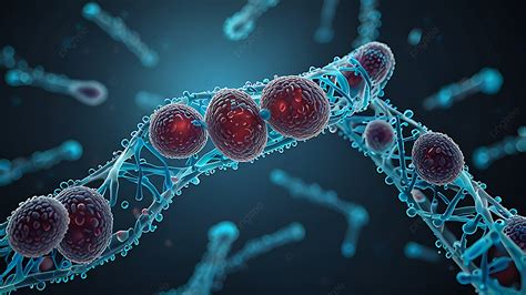 Close Up View Of A Dna Strand With Red Nuclei And Blue Molecular Structures Representing Genetic