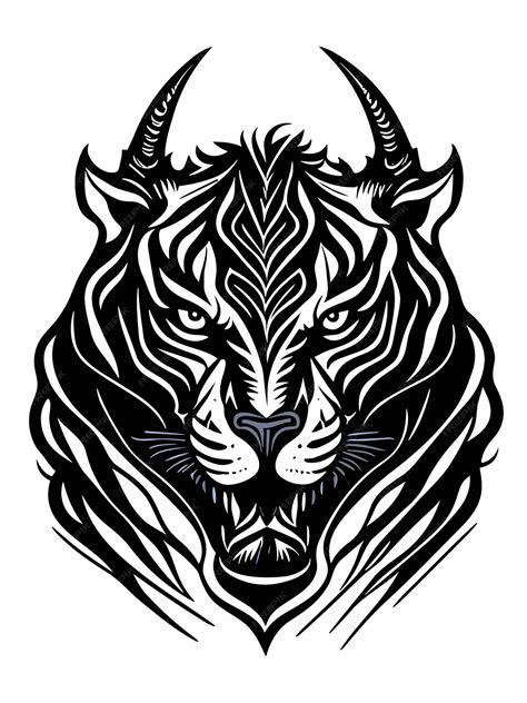 터 화난 호랑이 머리 실루 ⁇ 신화 로고 단색 디자인 스타일 예술 작품 일러스트레이션 프리미엄 벡터