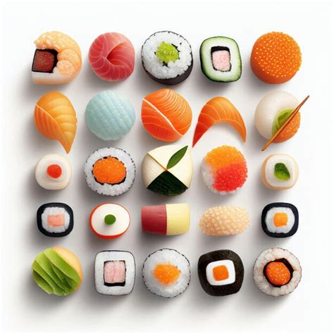 Colección De Rollos De Sushi Con Crudo Fresco Sobre Fondo Blanco Creado Con Tecnología De Ia