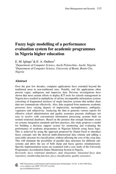 PDF Fuzzy Logic Modelling Of A Performance Evaluation System For Academic Programmes In