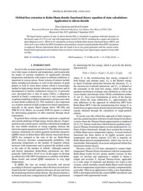 Pdf Orbital Free Extension To Kohn Sham Density Functional Theory Equation Of State