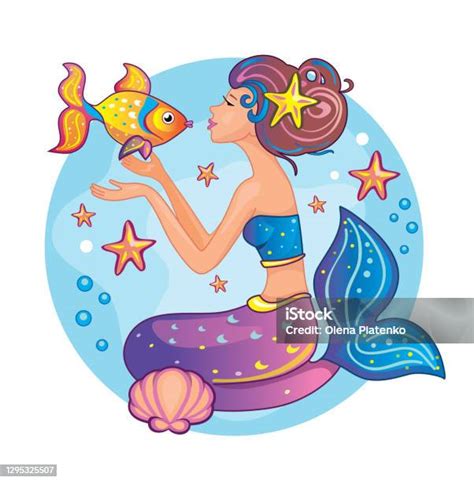 황금 물고기와 아름다운 공주 바다에서 달콤한 인어 재미있는 요정 흰색 배경에 격리 된 이미지입니다 어린이 용 인쇄 스티커에 대한 만화 일러스트레이션 원더랜드 귀여운 인형이나