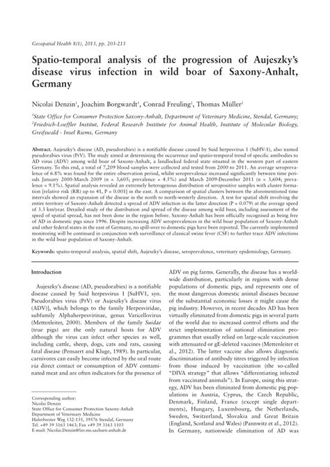 Pdf Spatio Temporal Analysis Of The Progression Of Aujeszkys Disease Virus Infection In Wild