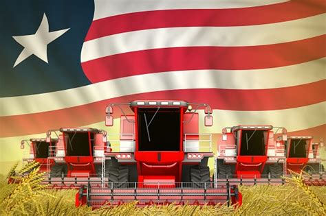 일부 붉은 농업 은 라이베리아 플래그 배경농장 필드에 수확기를 결합 전면 보기 기아 개념을 중지 산업 3d 일러스트 3차원 형태에 대한 스톡 사진 및 기타 이미지 Istock