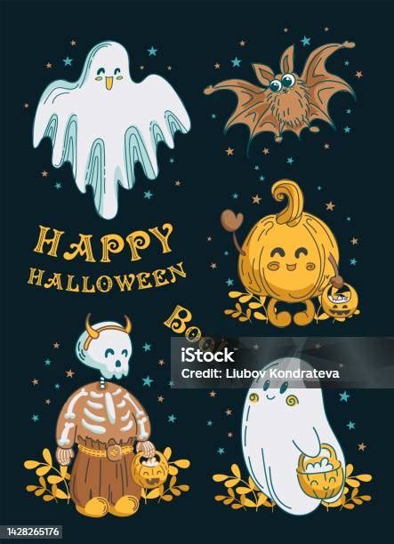 사랑스러운 할로윈 캐릭터 세트 귀여운 유령 해골 호박 및 박쥐가 캐롤링하고 있습니다 과자 안 주면 장난칠 거예요 잭 오 랜턴 빈티지 레터링 스티커 포스터 엽서 디자인 요소