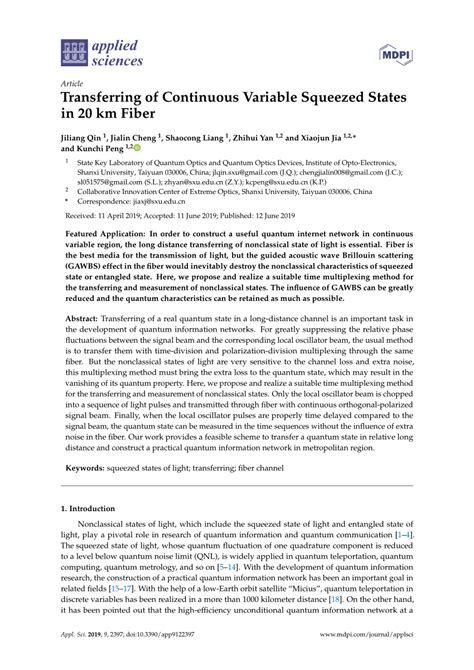 Pdf Transferring Of Continuous Variable Squeezed States In 20 Km Fiber