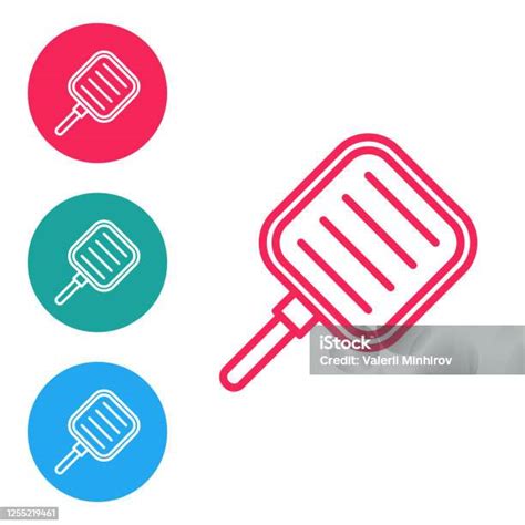 흰색 배경에 격리 된 빨간색 줄 프라이팬 아이콘 튀김 또는 구운 음식 기호 원 버튼에 아이콘을 설정합니다 벡터 일러스트레이션 가정 생활에 대한 스톡 벡터 아트 및 기타