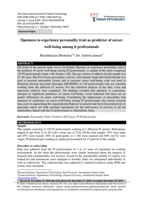 PDF Openness To Experience Personality Trait As A Predictor Of Career Well Being Among IT