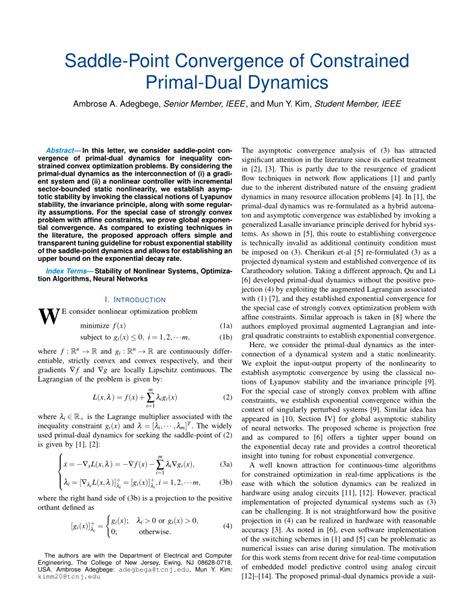 Pdf Saddle Point Convergence Of Constrained Primal Dual Dynamics