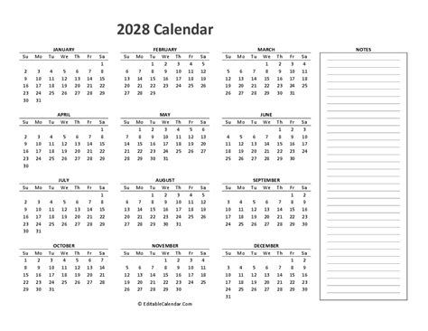 Free Printable Calendar 2028 Word Pdf Excel
