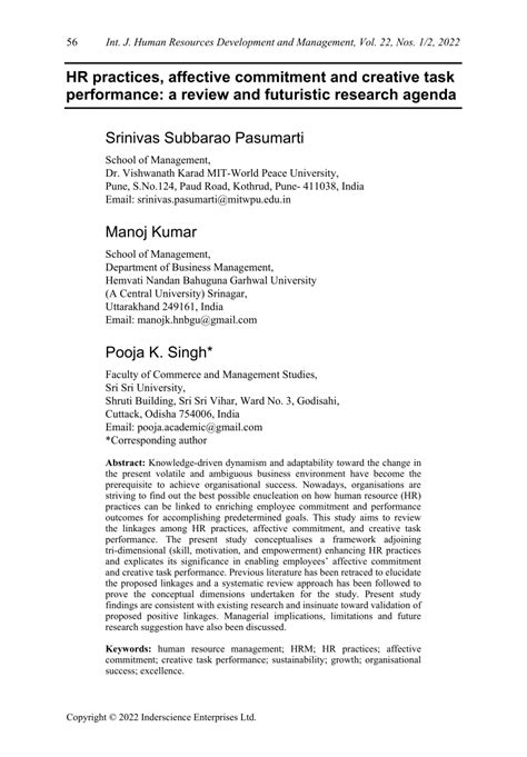 Pdf Hr Practices Affective Commitment And Creative Task Performance A Review And Futuristic