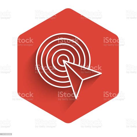 화이트 라인 긴 그림자로 격리 된 재무 목표 개념 아이콘을 대상으로합니다 상징적 인 목표 달성 성공 빨간 육각 버튼 벡터 개념에 대한 스톡 벡터 아트 및 기타 이미지