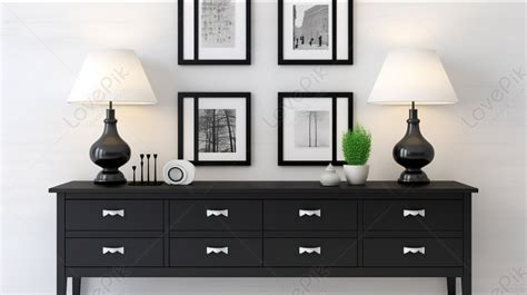 세련된 3d 렌더링 눈에 띄는 배경에 흰색 액자 액자 램프와 검은색 서랍장 거실 배경 흰색 거실 배경 테이블 램프 배경 이미지 Hd 거실 흰색 거실 테이블 램프