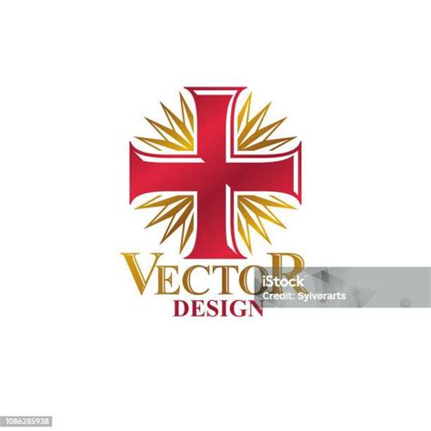 기독교 십자가 골든 엠 블 럼 럭셔리 리본 장식 팔의 문장 학 외 투 장식 기호 고립 벡터 일러스트 레이 션 종교와 영 성 테마 기호입니다 0명에 대한 스톡 벡터 아트 및
