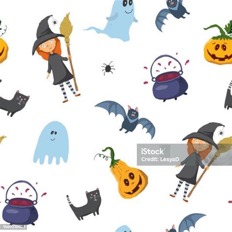 할로윈 완벽 한 패턴 디자인입니다 귀여운 만화 요소 휴일 배경 벡터 일러스트 레이 션 가공의 인물에 대한 스톡 벡터 아트 및 기타 이미지 가공의 인물 거미 거미줄